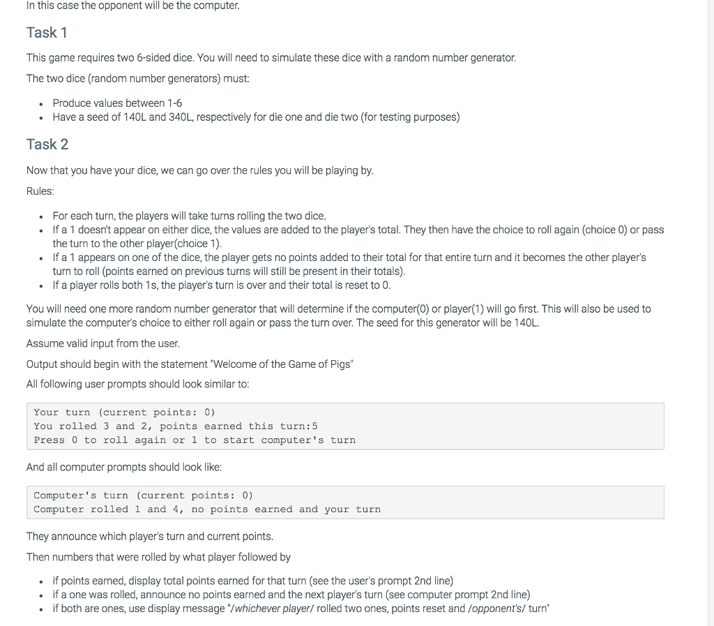 Solved In this case the opponent will be the computer. Task | Chegg.com