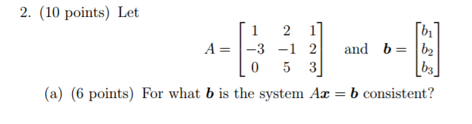 Solved Let A = [1 2 1 -3 -1 2 0 5 3] and b = [b_1 b_2 | Chegg.com