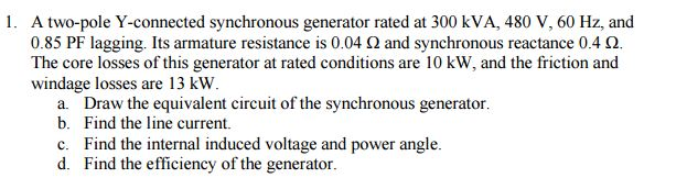 Solved A two-pole Y-connected synchronous generator rated at | Chegg.com
