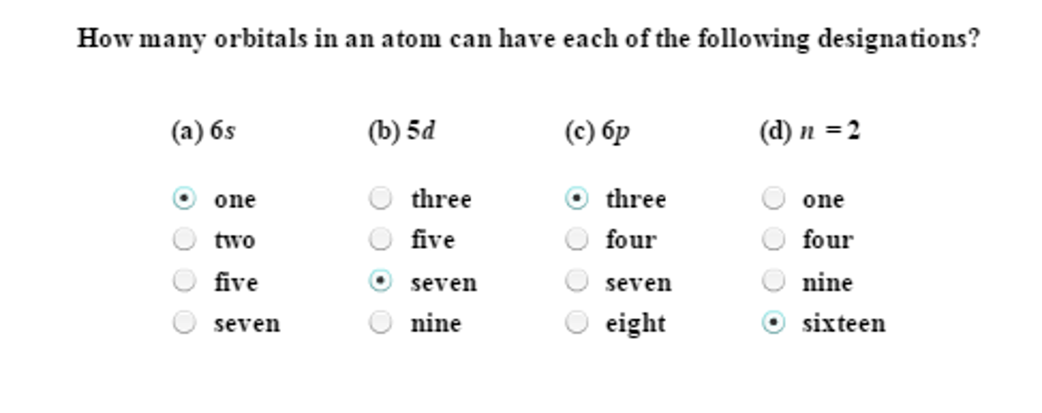 Solved How many orbitals in an atom can have each of the | Chegg.com