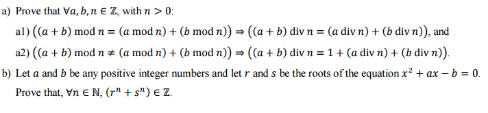 Prove that a, b,n epsilon Z, with n > 0: ((a + b) mod | Chegg.com