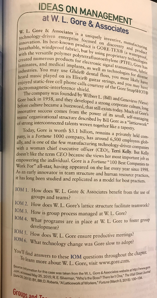 IDEAS ON MANAGEMENT at W. L. Gore & Associates w. L. | Chegg.com