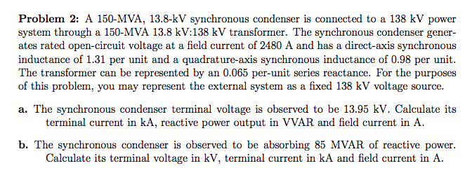 Problem 2: A 150-MVA, 13.8-kV synchronous condenser | Chegg.com