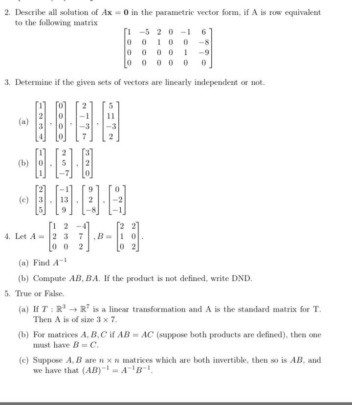 Solved 2, Describe all solution of Ax = 0 in the parametric | Chegg.com