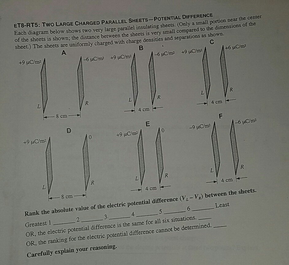 Solved ET8-RT5: Two LARGE CHARGED PARALLEL SHEETS-POTENTIAL | Chegg.com