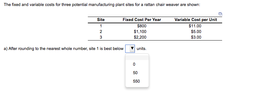 Solved The fixed and variable costs for three potential | Chegg.com