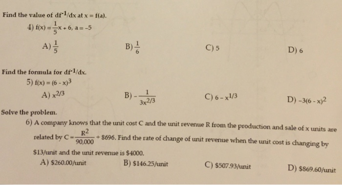 Solved Find the value of df^-1/dx at x = f(a) f(x) = 1/5 x | Chegg.com