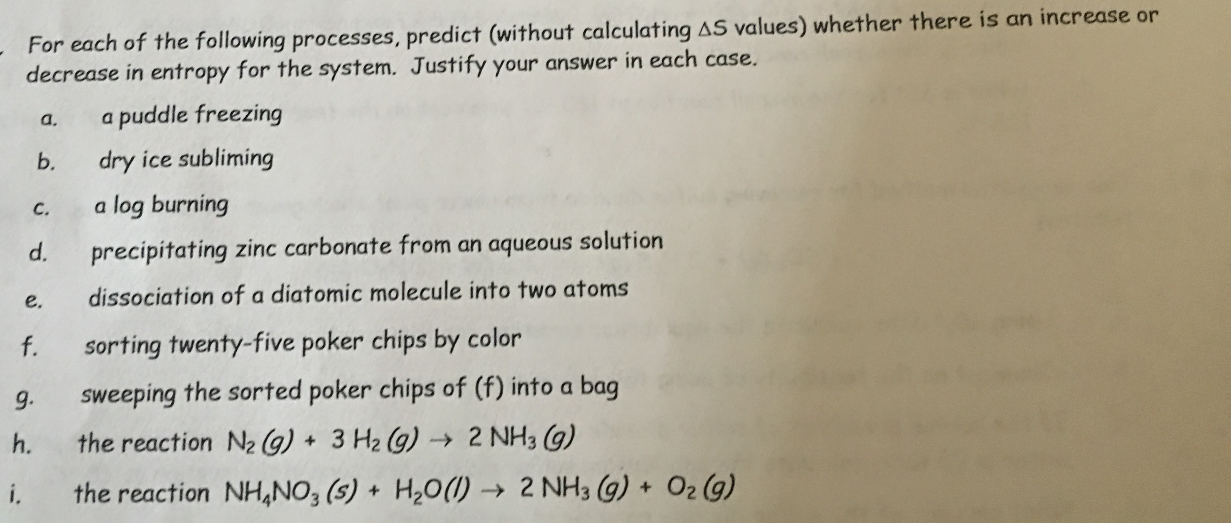 Solved For each of the following processes, predict (without | Chegg.com