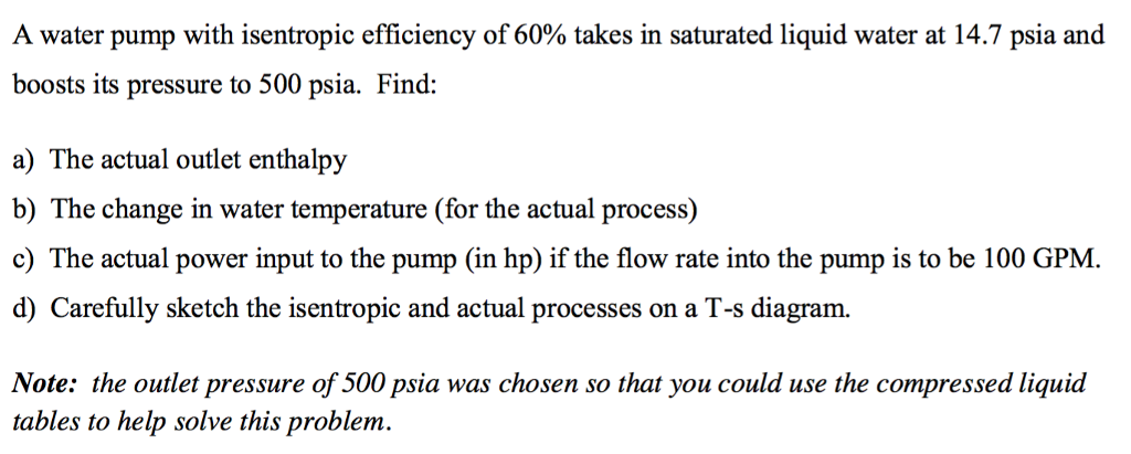 Solved A water pump with isentropic efficiency of 60% takes | Chegg.com