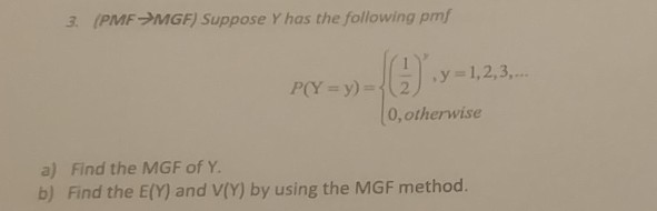 Solved 3. (PMF MGF) Suppose Y has the following pmf | Chegg.com