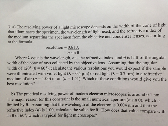 The resolving power of a light microscope depends on | Chegg.com