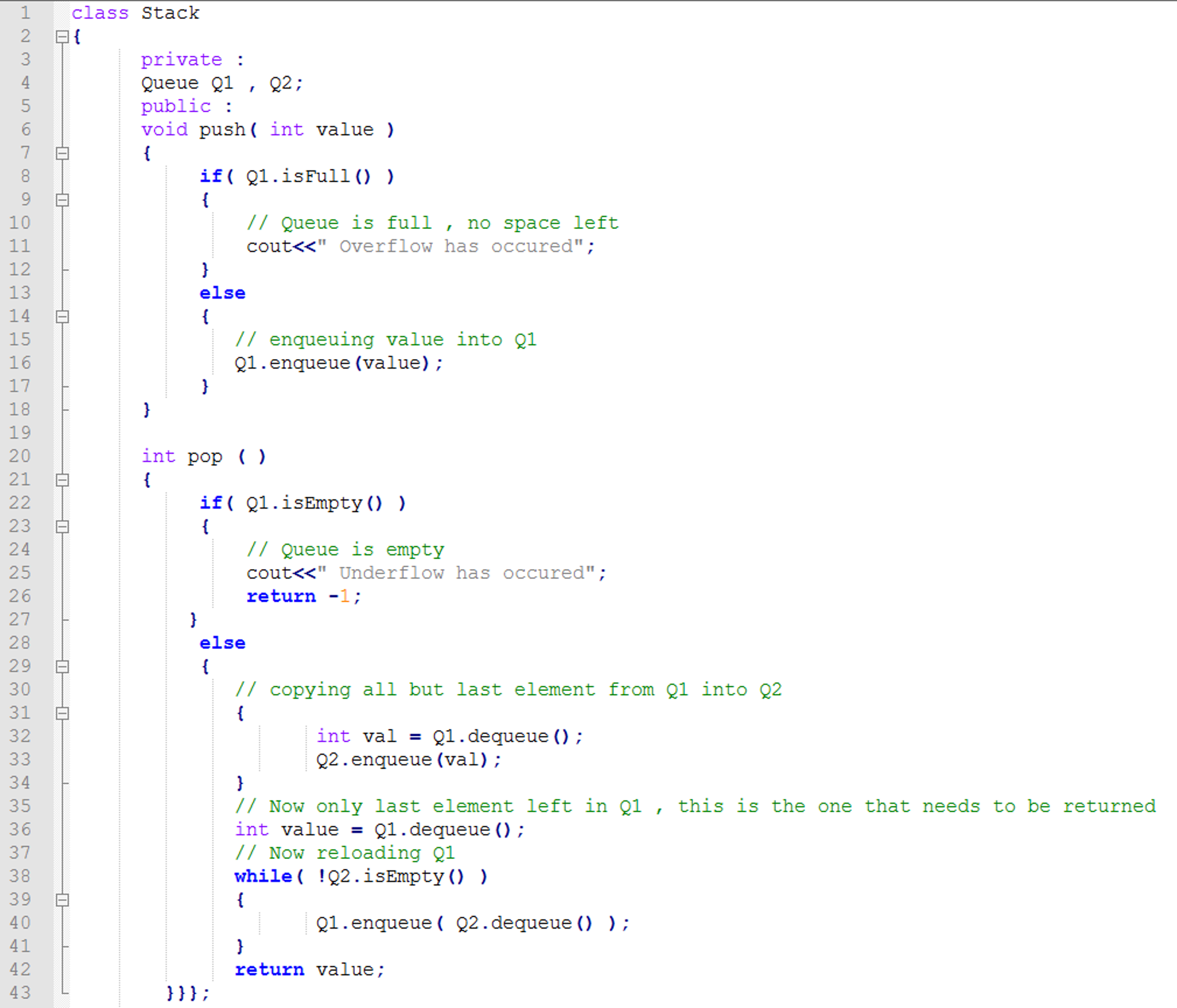 Class Stack {private: Queue Q1, Q2; public: void | Chegg.com