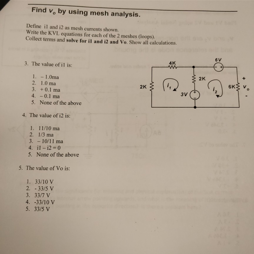 Solved Find vo by using mesh analysis. Define il and i2 as | Chegg.com