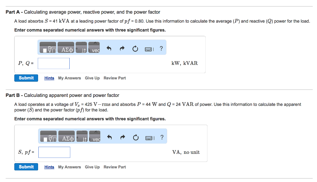 Solved Part A Calculating average power, reactive power, and | Chegg.com