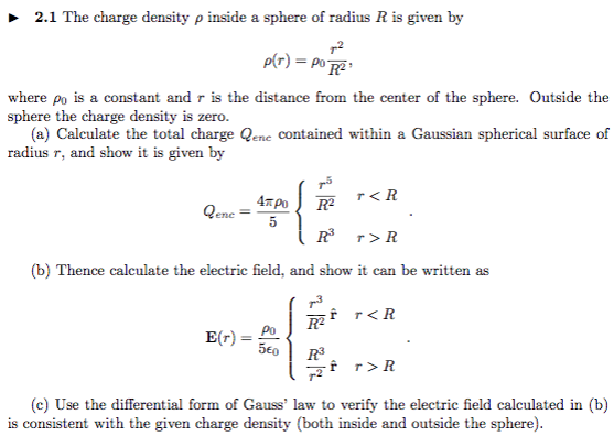 Solved The charge density rho inside a sphere of radius R is | Chegg.com
