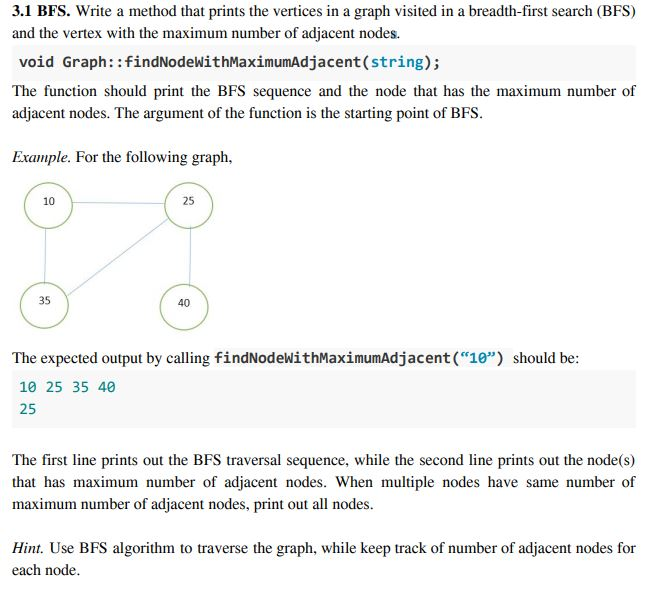 Solved 3.1 BFS. Write a method that prints the vertices in a | Chegg.com