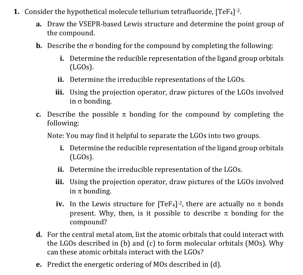 Solved 1. Consider the hypothetical molecule tellurium | Chegg.com