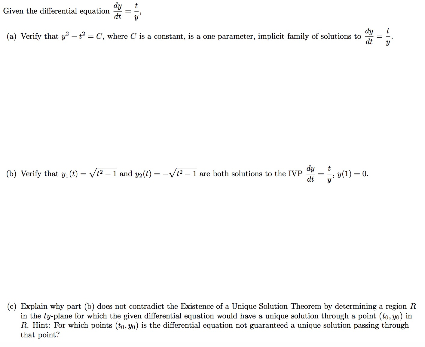 Solved Given the differential equation dy/dt = t/y, Verify | Chegg.com