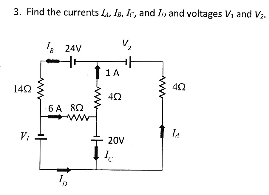 Solved 3. Find the currents IA, IB, IC, and ID and voltages | Chegg.com