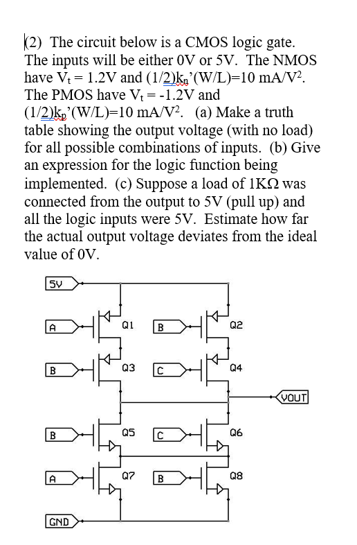 Solved 2) The circuit below is a CMOS logic gate The inputs | Chegg.com