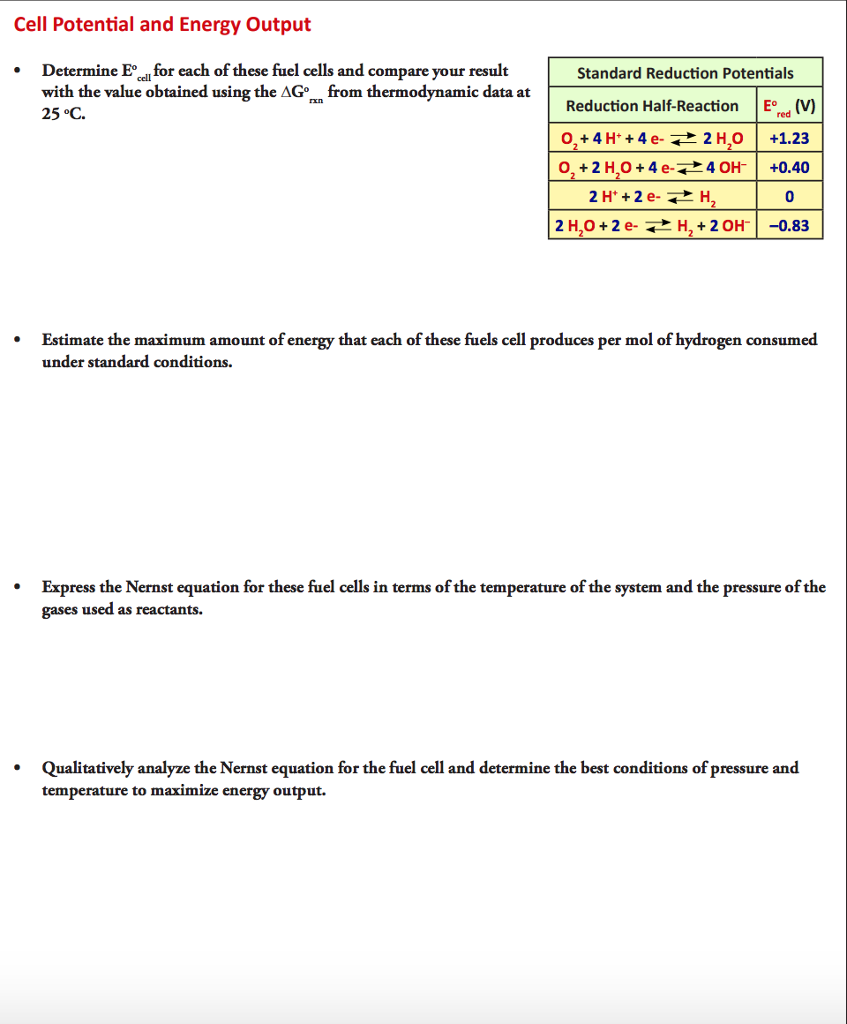 Cell Potential and Energy Output Determine Eo for | Chegg.com