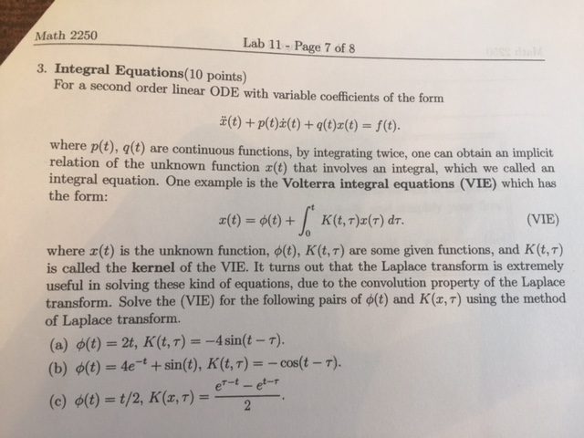Solved Integral equations for a second order linear ODE with | Chegg.com