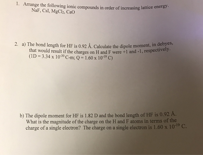 Solved Arrange the following ionic compounds in order of | Chegg.com