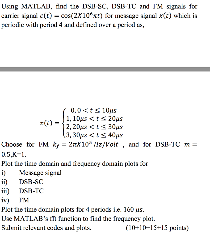 Using MATLAB, find the DSB-SC, DSB-TC and FM signals | Chegg.com