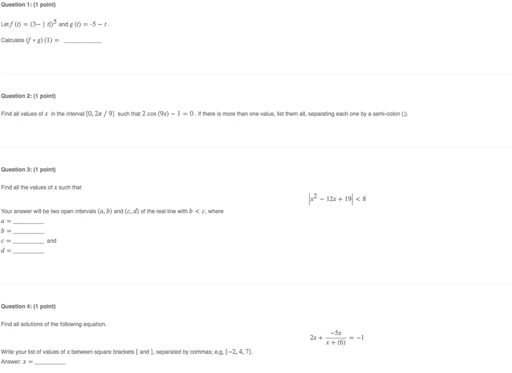 Solved Question 1:(1 point) Letf() = (3-11)5 and g () =-5-1. | Chegg.com