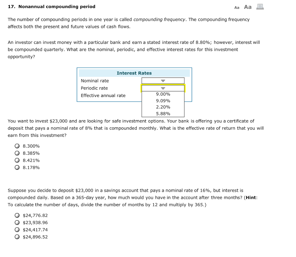 Solved Aa Aa E 17. Nonannual compounding period The number | Chegg.com
