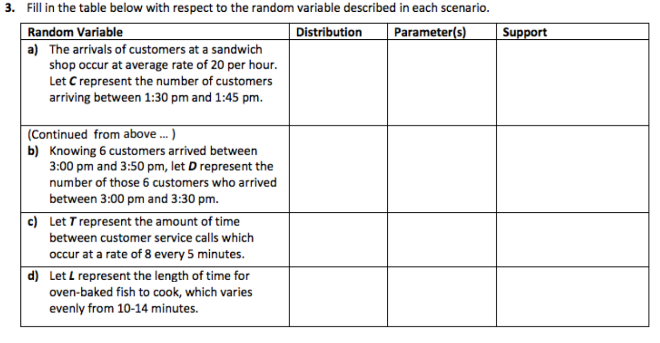 Solved Fill in the table below with respect to the random | Chegg.com