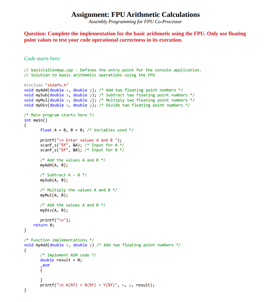 Complete the implementation for the basic arithmetic | Chegg.com