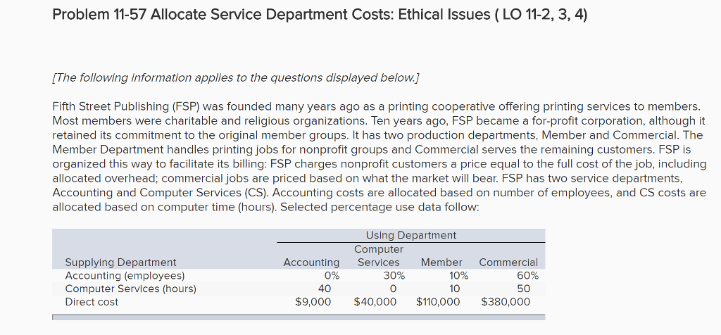 Solved Problem 11-57 Allocate Service Department Costs: | Chegg.com