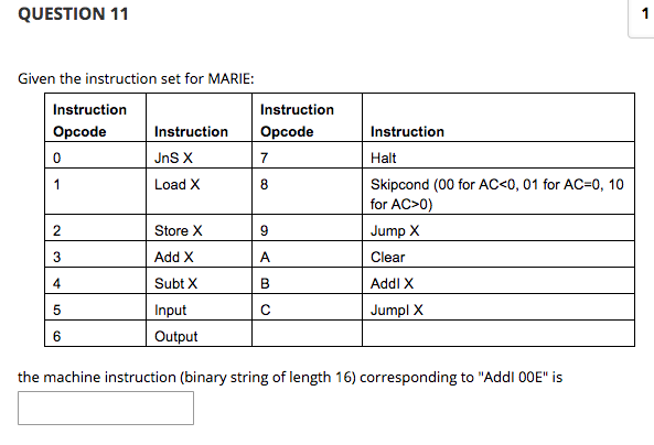 Solved QUESTION 11 Given the instruction set for MARIE: | Chegg.com