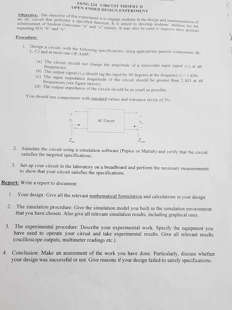 Solved Eeng 224 Circuit Thoery 11 Open Ended Design 