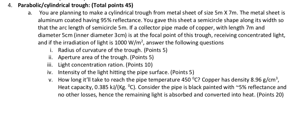 Solved 4. Parabolic/cylindrical trough: (Total points 45) a. | Chegg.com