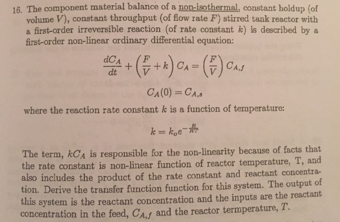 Solved The component material balance of a non-isothermal, | Chegg.com