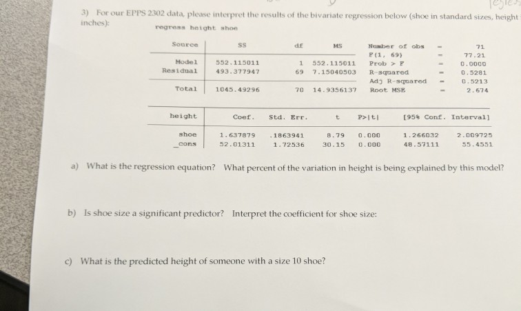 Solved 3) For our EPPS 2302 data, please interpret the | Chegg.com