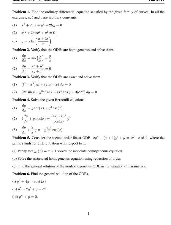 Solved Problem 1. Find the ordinary differential equation | Chegg.com