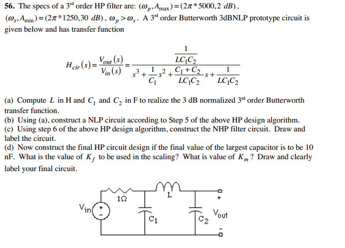 The specs of a 3rd order HP filter are: (omega p, | Chegg.com