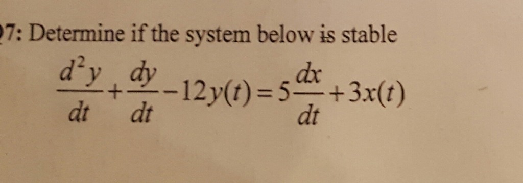 Solved Determine if the system below is stable d^2y/dt + | Chegg.com