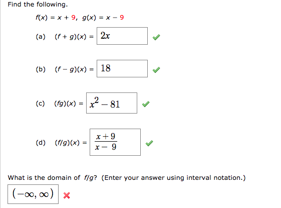 Solved Find the following. /(x) = x + 9, g(x) =x-9 (a)gx) 2r | Chegg.com
