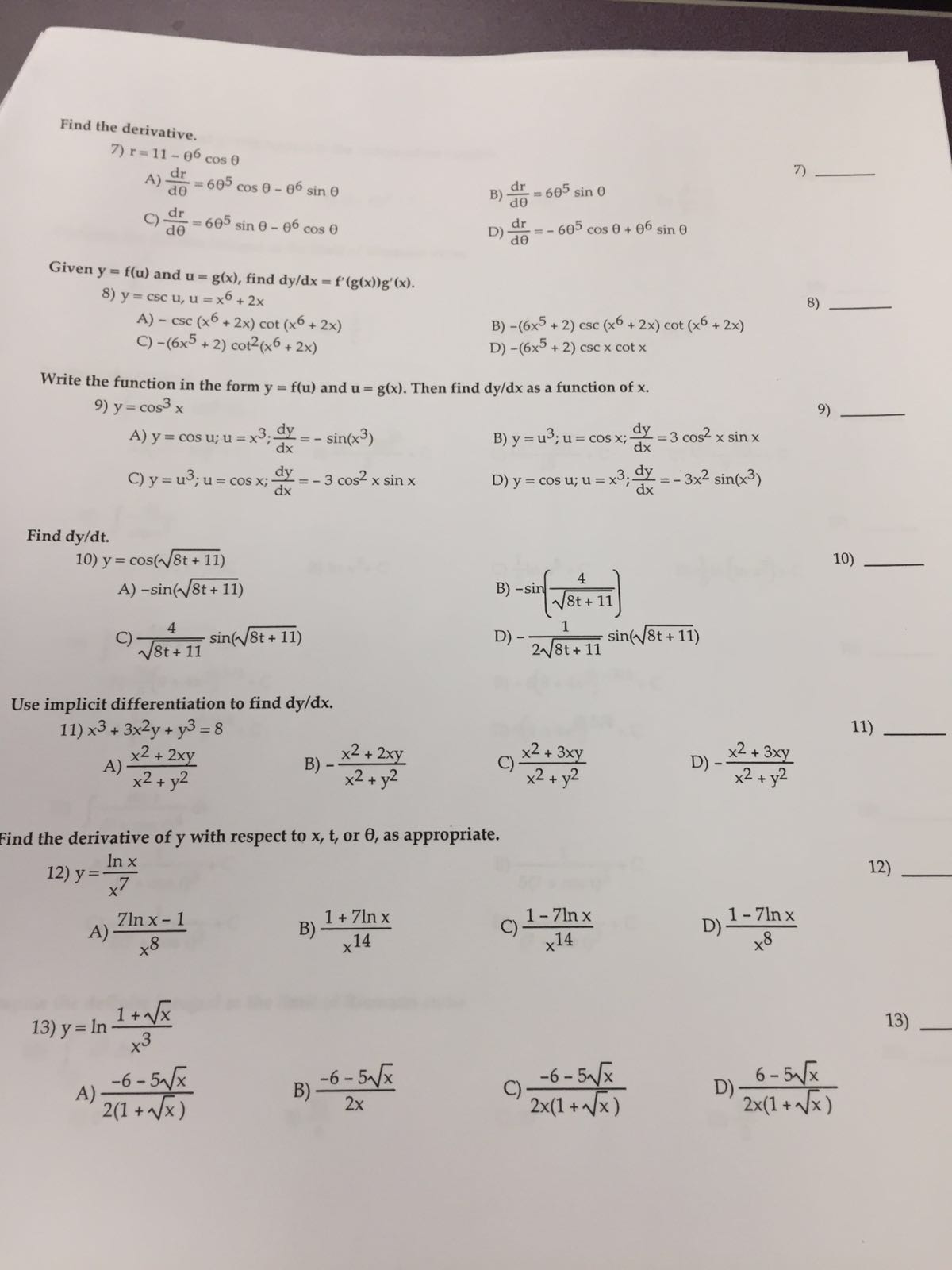 Solved Find the derivative r = 1 - theta^6 cos theta dr/d | Chegg.com