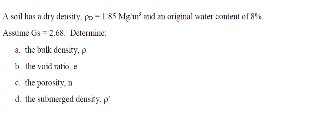 Solved A soil has a dry density, rho_D = 1.85 Mg/m^3 and an | Chegg.com