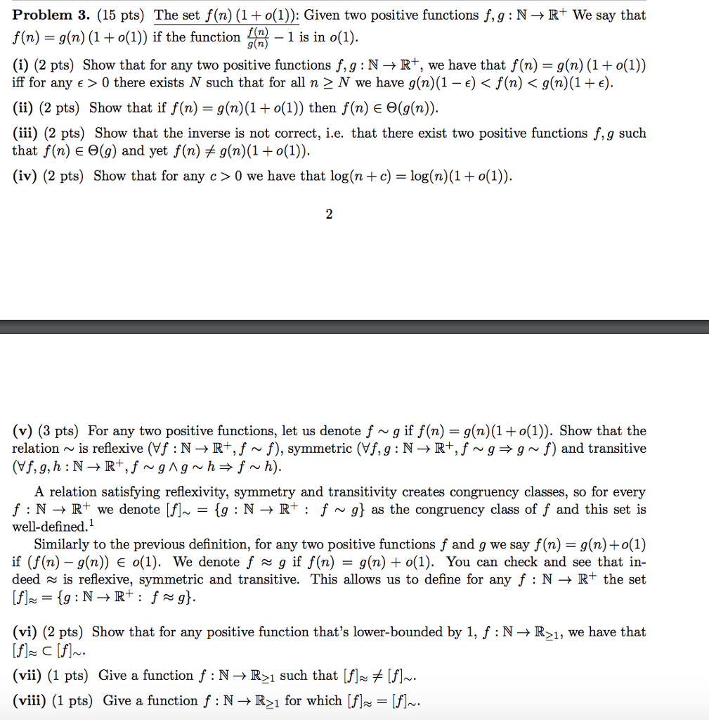 Solved Problem 3, (15 pts) The set f(n) (1+。(1)): Given two | Chegg.com