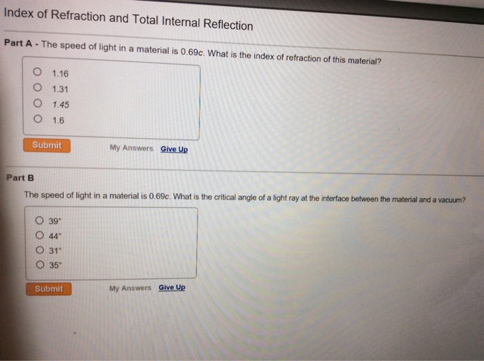 Solved Index of Refraction and Total Internal Reflection | Chegg.com