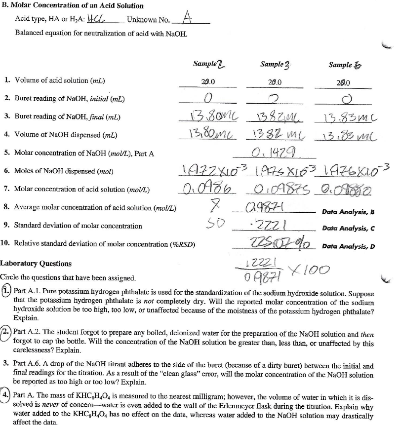 Solved B. Molar Concentration of an Acid Solution Acid type, | Chegg.com