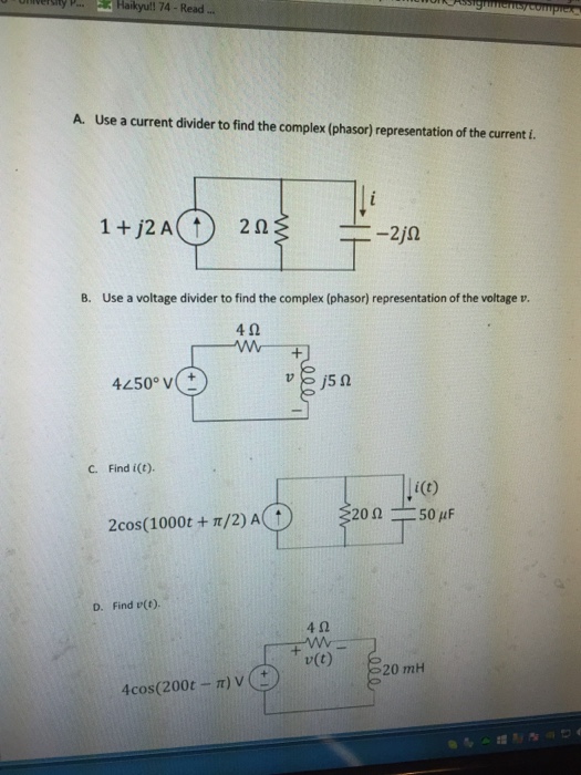 Solved Use a current divider to find the complex (phasor) | Chegg.com