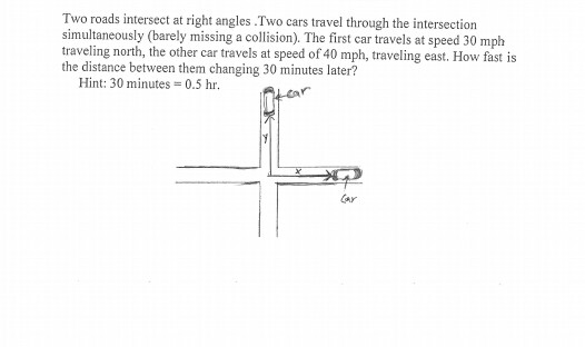 Solved Two roads intersect at right angles .Two cars travel | Chegg.com