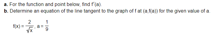 Solved a. For the function and point below, find f'(a) b. | Chegg.com